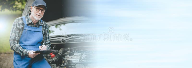 Car Mechanic Checking a Car Engine; Panoramic Banner Stock Image ...