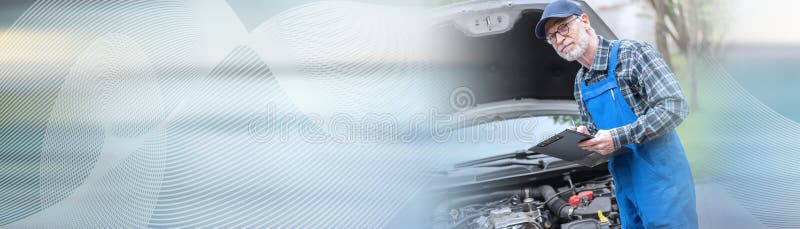 Car Mechanic Checking a Car Engine Panoramic Banner Stock Image - Image ...