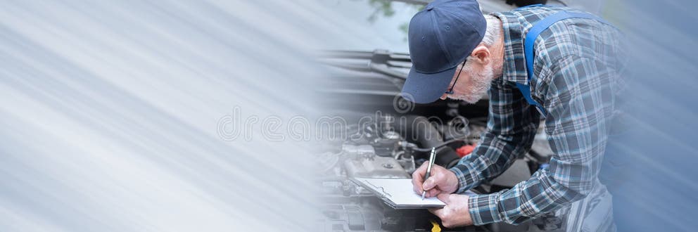 Car Mechanic Checking a Car Engine; Panoramic Banner Stock Image ...