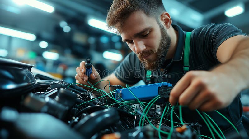 Car Mechanic is Focused on Diagnosing Engine Issue Using Tools To Work ...