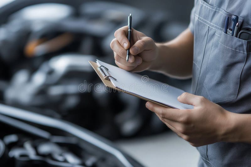 Car Mechanic in Grey Uniform is Holding Clipboard and Pen Preparing To ...