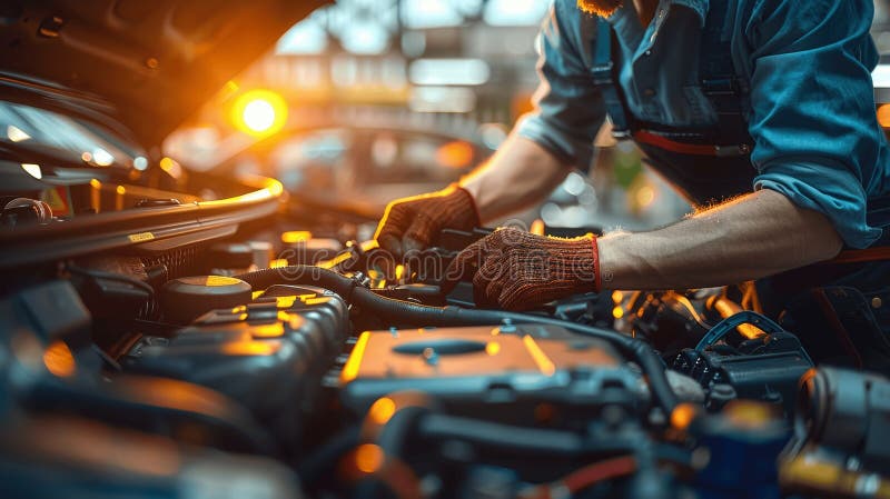 Car Mechanic Repairing Engine Electric Battery Maintenance Check ...