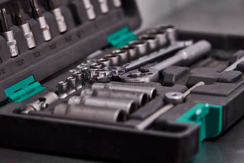 Car Mechanic Tool Set in Auto Repair Shop Stock Photo - Image of driver ...