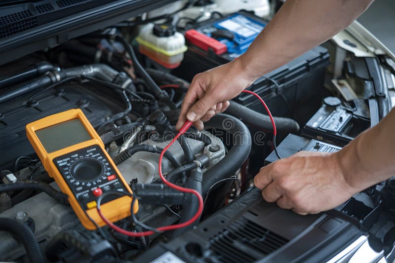 Car Mechanic Using Multimeter for Diagnostics Auto Repair Service ...