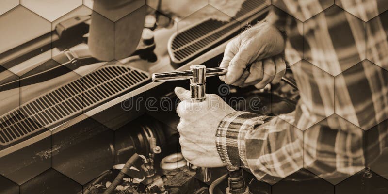 Car Mechanic Working on Car Engine, Geometric Pattern Stock ...