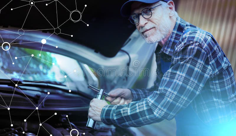 Car Mechanic Working on Car Engine; Light Effect Stock Image - Image of ...