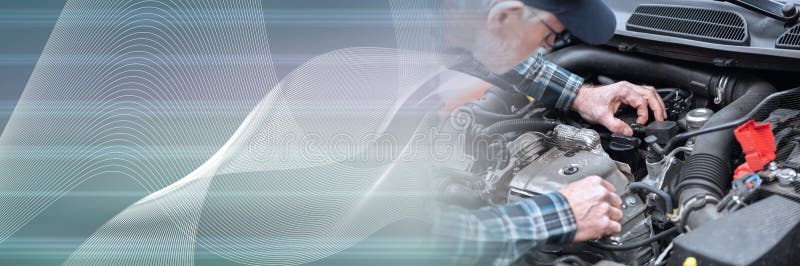 Car Mechanic Working on Car Engine; Panoramic Banner Stock Photo ...