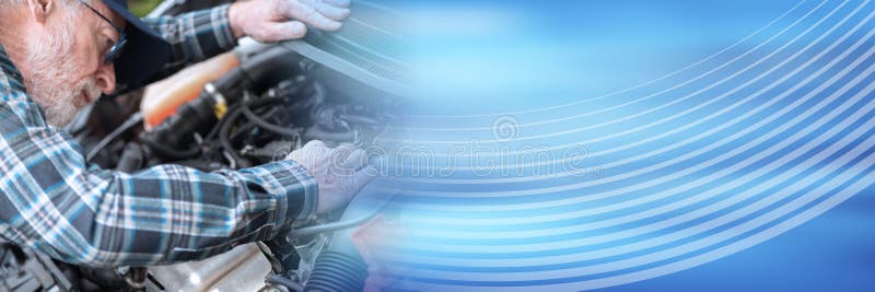 Car Mechanic Working on Car Engine Panoramic Banner Stock Image - Image ...
