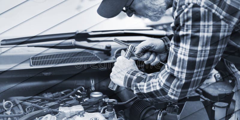 Car Mechanic Working on Car Engine, Geometric Pattern Stock Photo ...