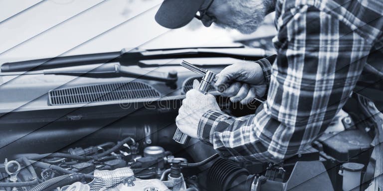 Car Mechanic Working on Car Engine, Geometric Pattern Stock Photo ...