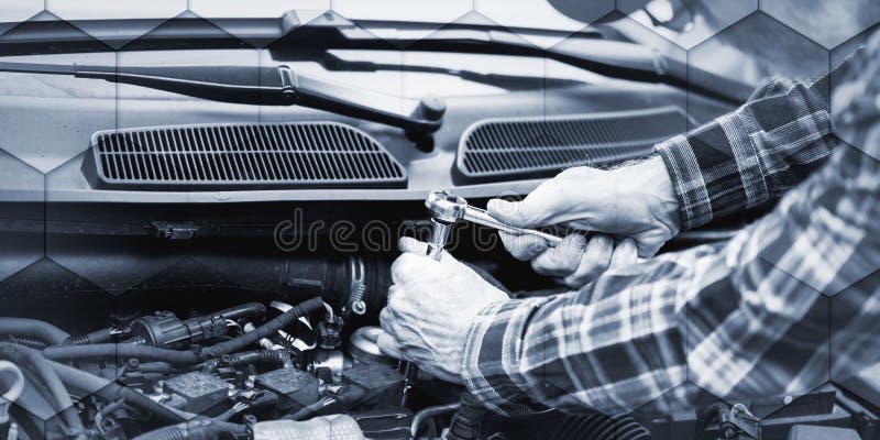 Car Mechanic Working on Car Engine, Geometric Pattern Stock Image ...