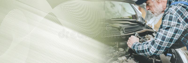 Car Mechanic Working on Car Engine Panoramic Banner Stock Photo - Image ...