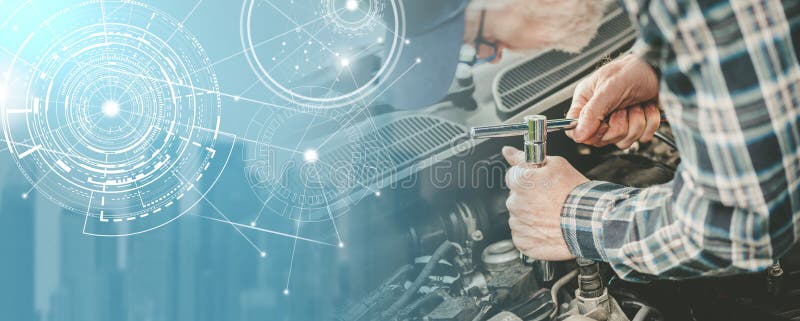 Car Mechanic Working on Car Engine Panoramic Banner Stock Image - Image ...