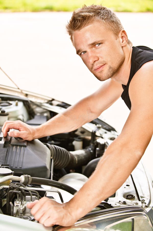 Car Mechanician Repairs Engine Stock Photo - Image of outdoors, outside ...