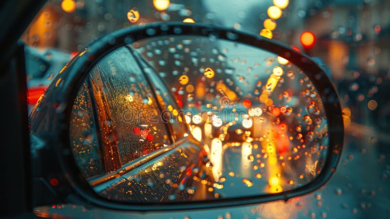 Car Mirror during the Rain. Raindrops on the Car Traffic Rear View ...
