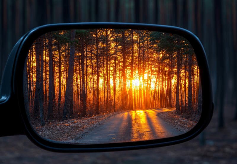 The Car Mirror Reflects a Road Lined with Trees and the Sun Shining in ...