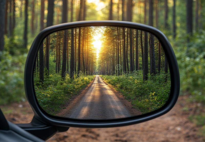In the Car Mirror, You Can See a Road Bordered by Trees and the Sun Up ...