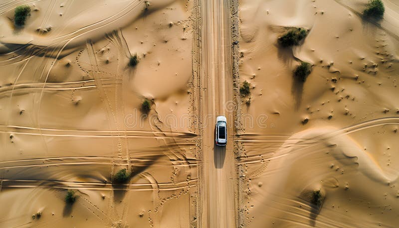 Car Moves Along an Asphalt Road in the Desert Top View Stock ...