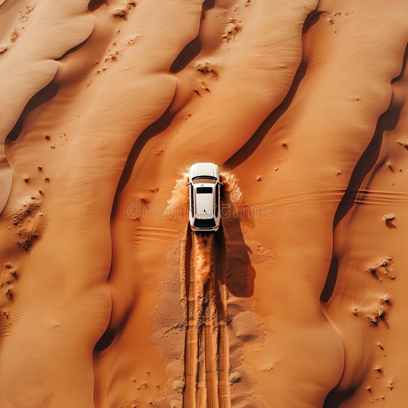 Car Moves Along an Asphalt Road in the Desert Top View Stock ...
