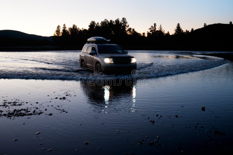 Car Moves To Fording the River in Mongolia Stock Image - Image of road ...