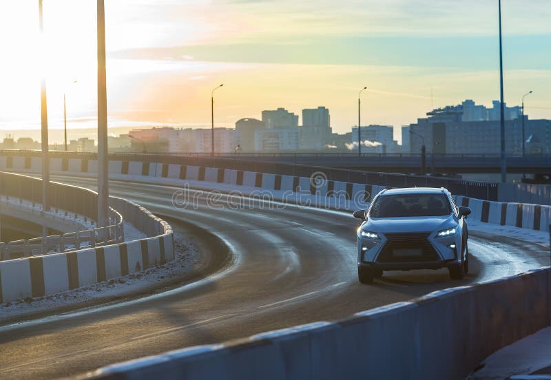 Car Moves in Winter at a Road Junction Stock Photo - Image of moving ...