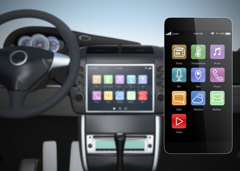 Car Multimedia Console Synchronized with Smart Phone Stock Illustration ...
