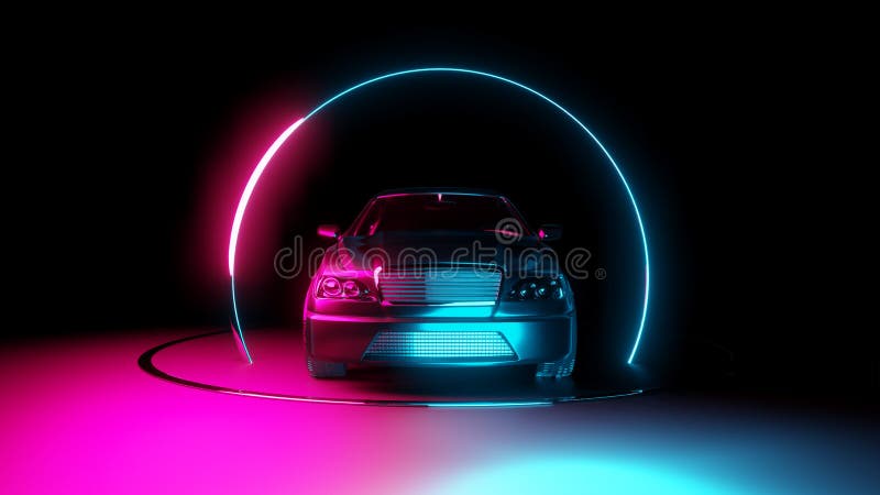 Car with Neon Light Circle Frames Stock Illustration - Illustration of ...