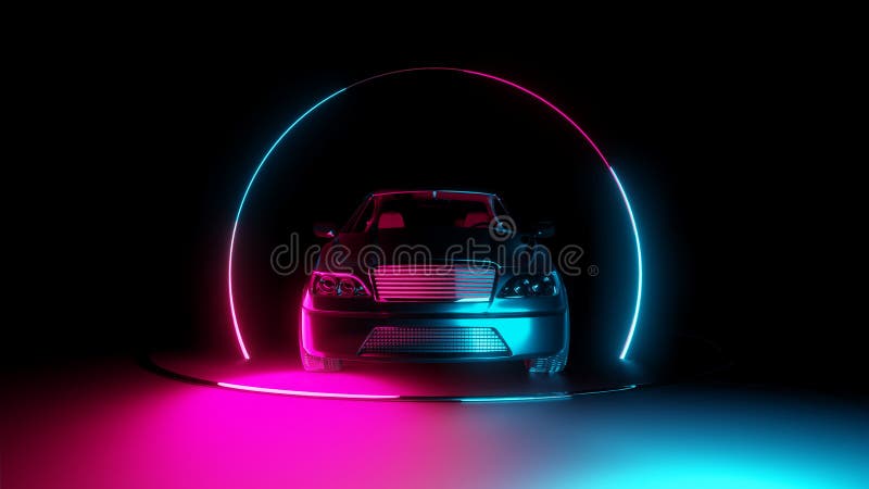 Car with Neon Light Circle Frames Stock Illustration - Illustration of ...