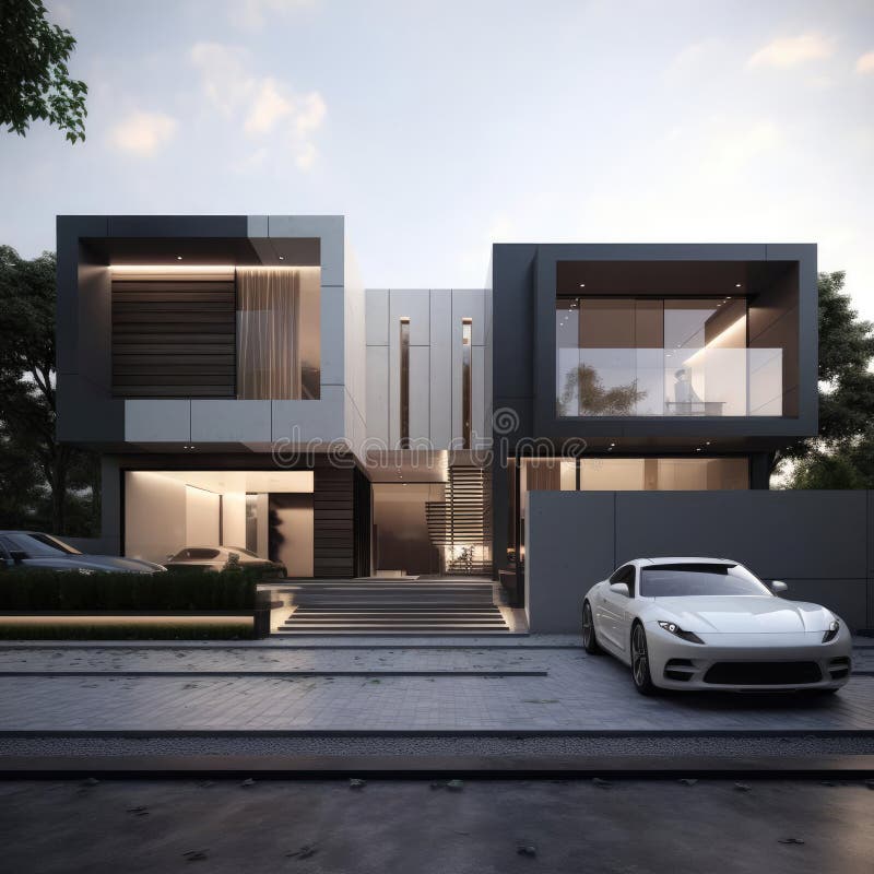 A Car Next To a Modern Country House Stock Illustration - Illustration ...