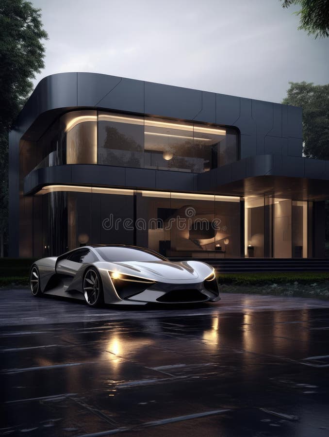 A Car Next To a Modern Country House Stock Illustration - Illustration ...