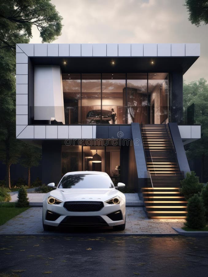 A Car Next To a Modern Country House Stock Illustration - Illustration ...