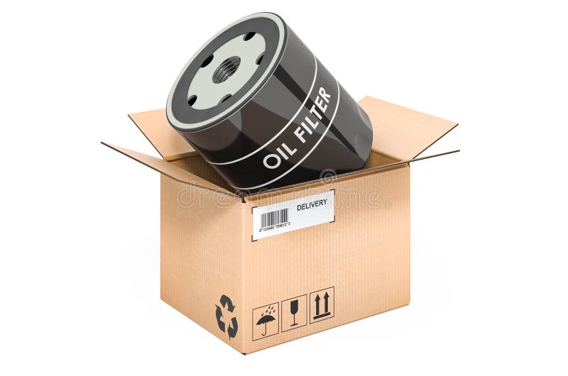 Car Oil Filter Inside Cardboard Box, Delivery Concept. 3D Rendering ...