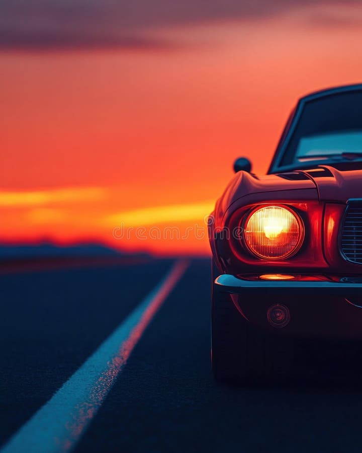 Car on Open Roads at Sunset with Dramatic Lighting Stock Photo - Image ...