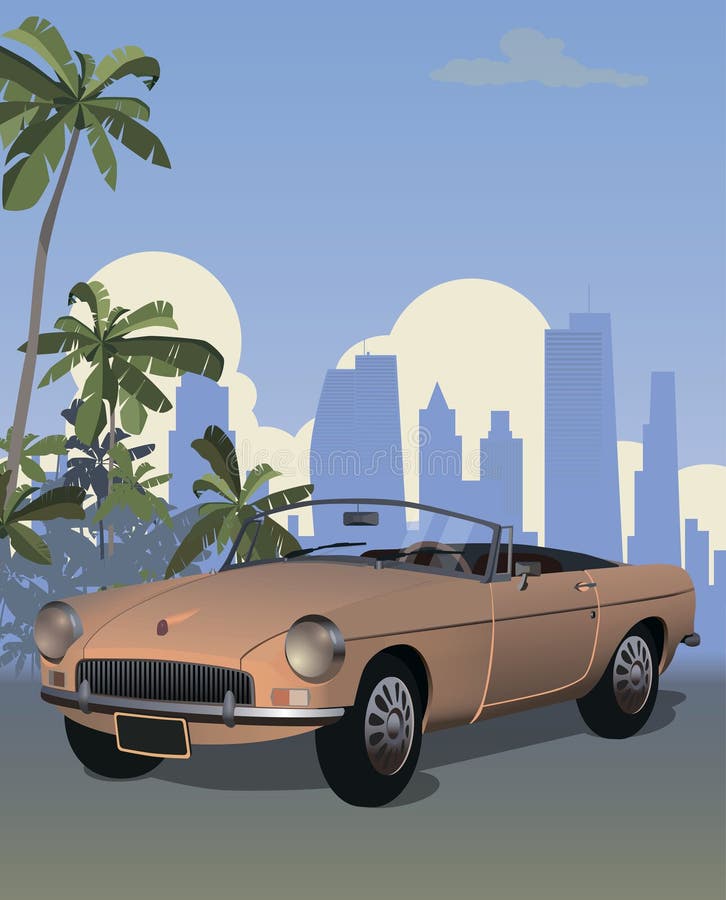 A Car with an Open Top Against the Backdrop of Hotels and Palm Trees ...