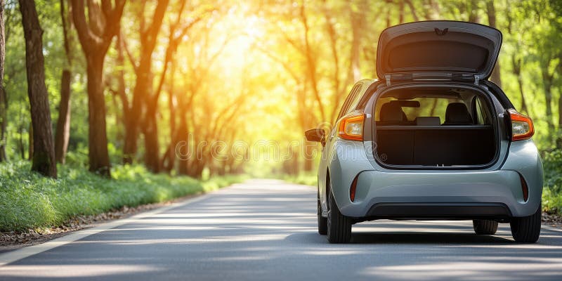Car with Open Trunk Parked on Sunny Forest Road Stock Illustration ...