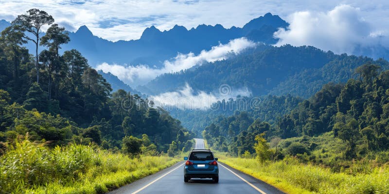 Car with Open Trunk on Scenic Road Surrounded by Lush Mountains and ...