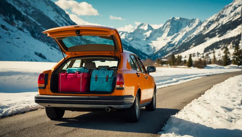 Car with Open Trunk, Suitcases the Road Winter Holiday Stock ...