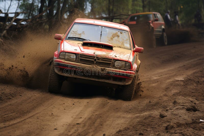 A Car Painted Red Ventures Down a Winding Brown Dirt Trail Stock ...