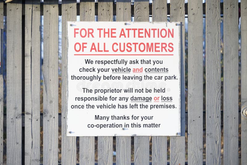 Car Park Users Do so at Own Risk Sign Stock Photo - Image of driver ... Car Park Users Do so at Own Risk Sign Stock Photo - Image of driver ...