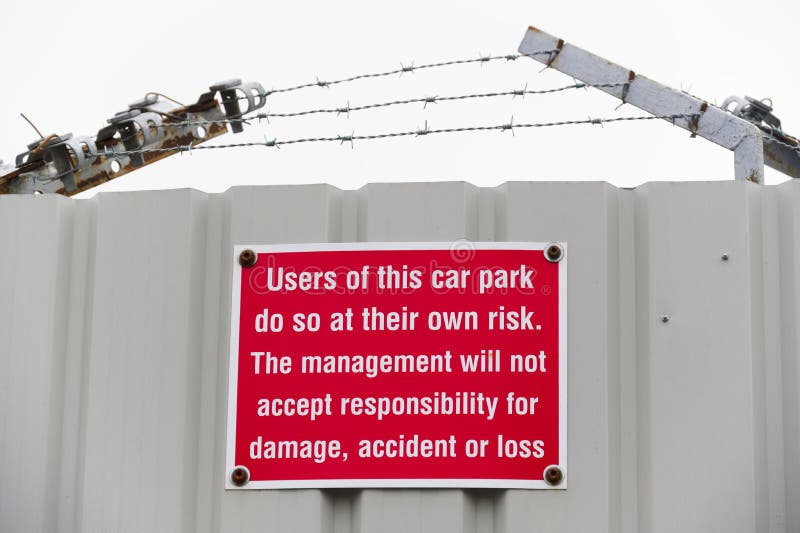 Car Park Users Do so at Own Risk Sign Stock Image - Image of motor ...