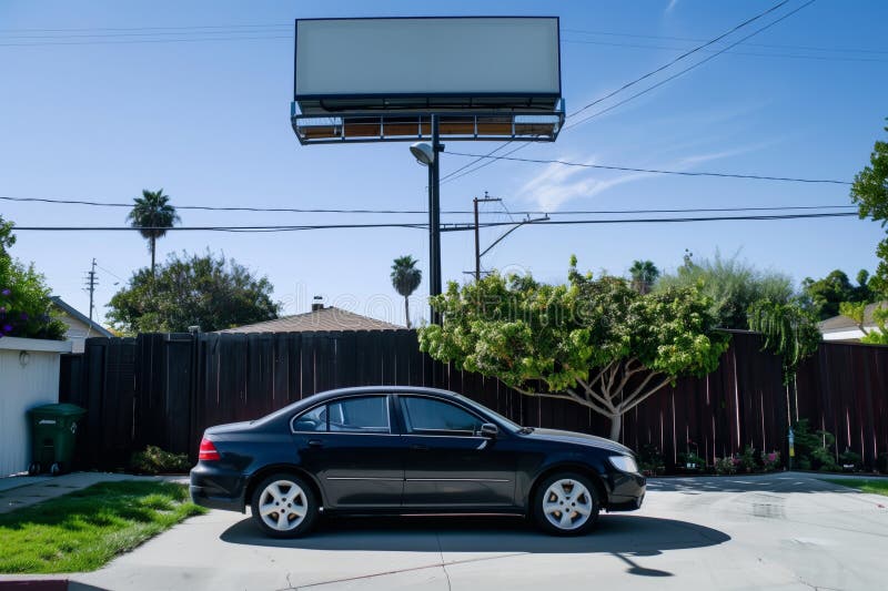 Car Parked in Driveway, Empty Billboard Overhead Stock Image - Image of ...