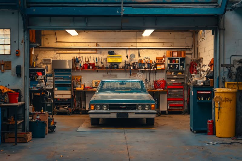 A Car is Parked Inside of a Garage with Tools on the Wall Stock Image ...