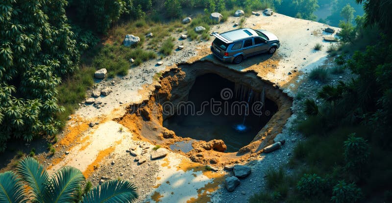 A Car is Parked in the Middle of a Hole in the Ground Stock ...