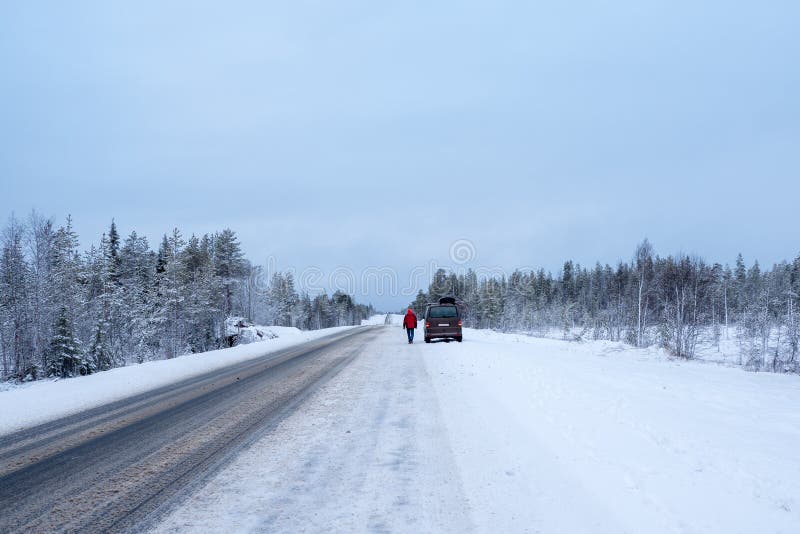 The Car is Parked on the Side of a Winter Road. Arctic Snow Straight ...