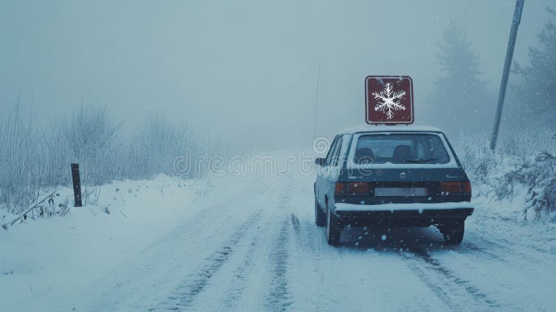 Car Parked on Snowy Road with Snowflake Sign Displayed on Back Stock ...