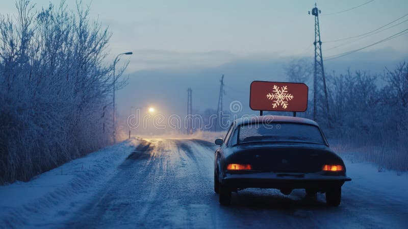 Car Parked on Snowy Road with Snowflake Sign Displayed on Back Stock ...