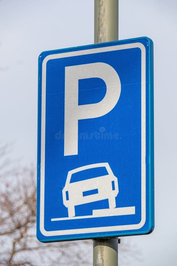Car Parking Sign on Part of the Sidewalk, Blue Rectangular Metal ...