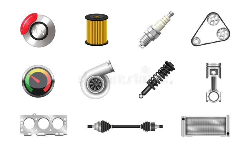 Car Parts Set. Vector 3D Icons Isolated on White Background Stock ...