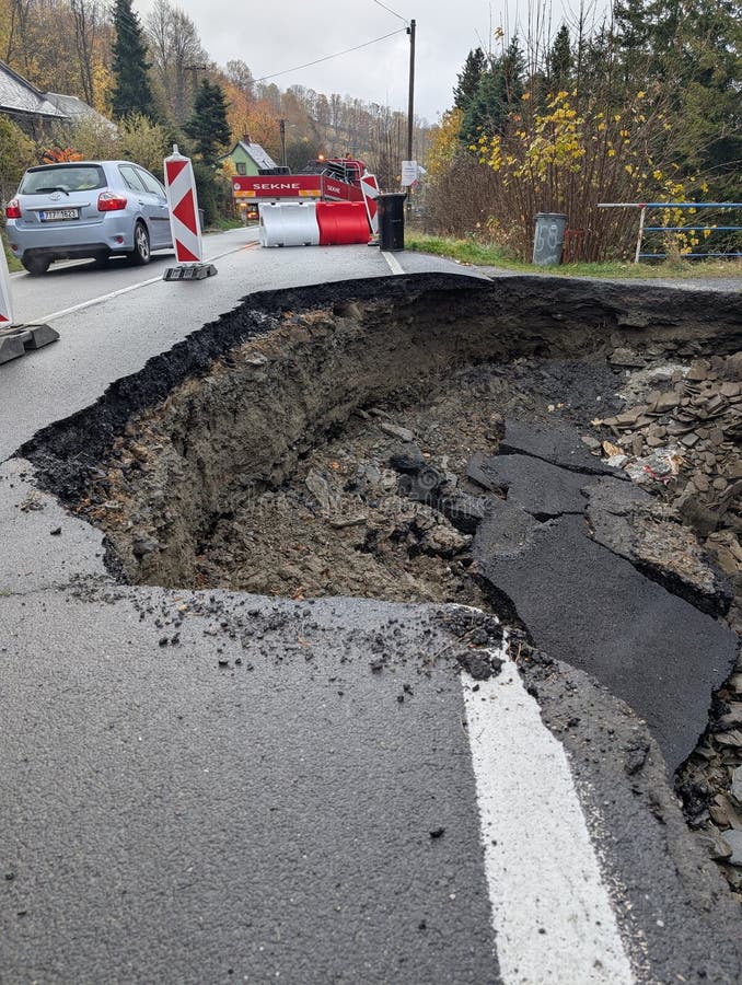 Car Passing Damaged Bridge and Landslide Road after Flood Editorial ...