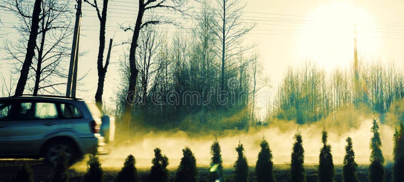 Car Passing Dusty Forest Road Stock Photo - Image of dodge, annual ...